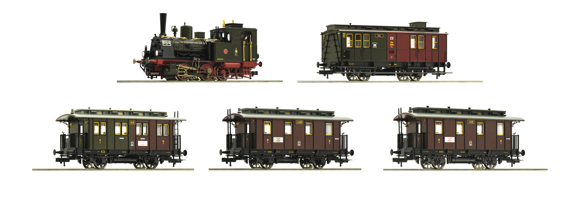 Steam locomotive T3 and passenger cars, K.P.E.V., Roco, H0 scale (1:87)