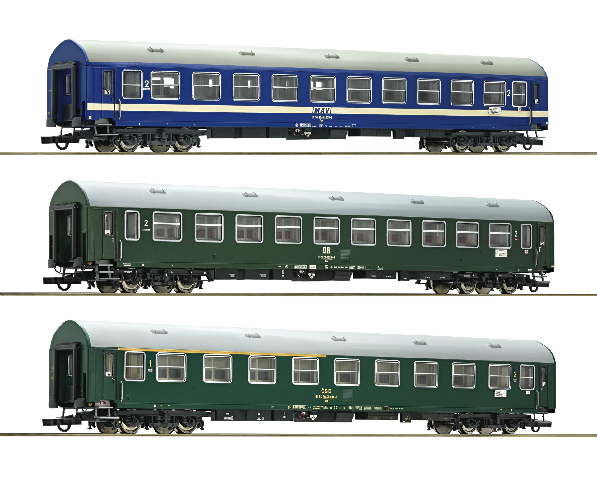 3 piece set D270 „Meridian“ 2, DR, MÁV, Roco, scale H0 (1:87)